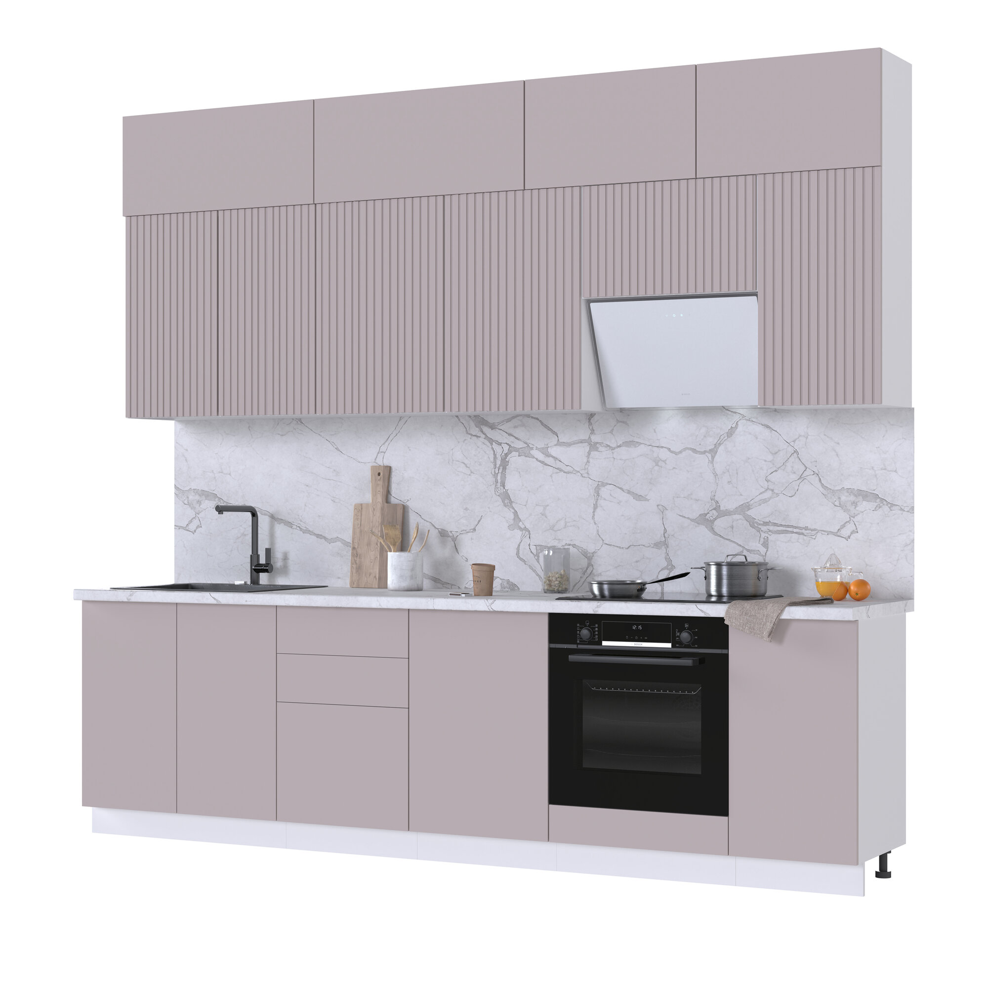 Кухонный гарнитур без столешницы Рельеф Инь-Ян 280см Белый, Атласный серый