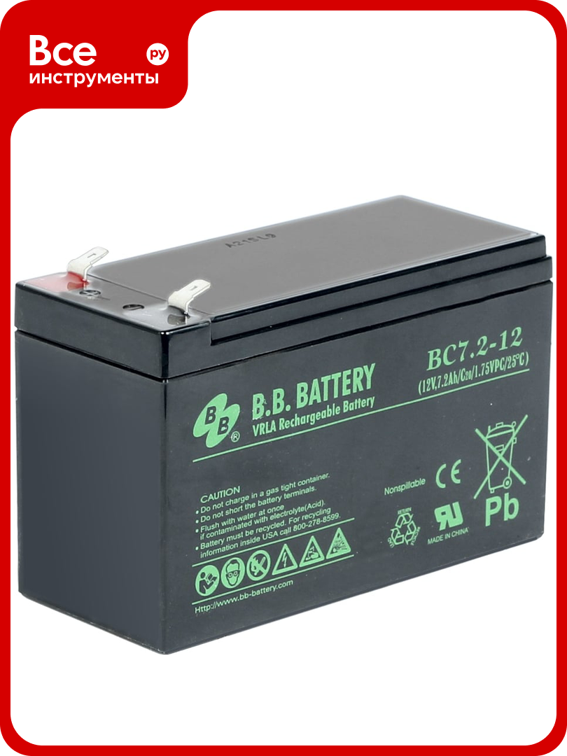 Аккумуляторная батарея BB Battery BC 7,2-12, 12 В, 7.2 Ач, AGM, прямая полярность, размеры 151x65x94 мм, вес 2.2 кг, Max
