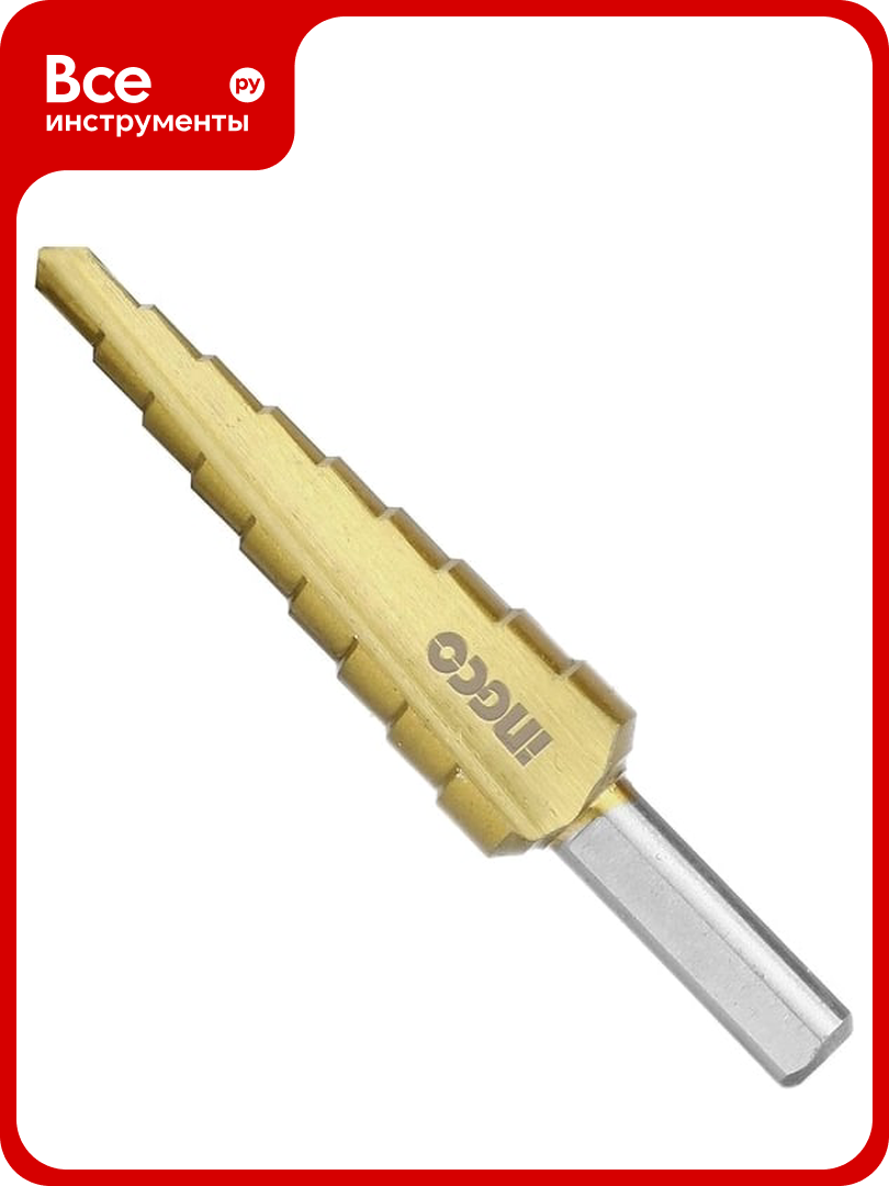 Ступенчатое сверло INGCO 4-12 мм INDUSTRIAL AKSDS41233 с прямой канавкой, сталь, хвостовик с тремя гранями