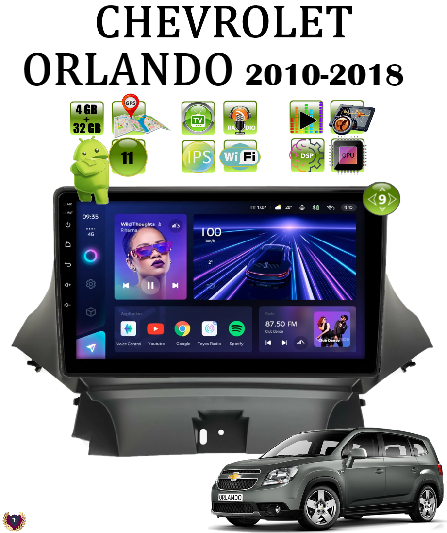 Автомагнитола для Chevrolet Orlando/Шевроле Орландо (2010-2018), Android 11, 4/32 Gb, Wi-Fi, Bluetooth, CarPlay, GPS, поддержка кнопок на руле