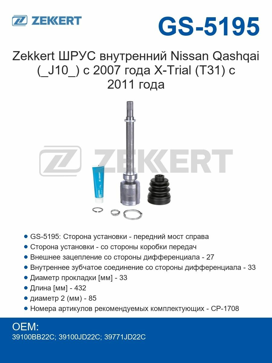 Zekkert ШРУС внутренний Nissan Qashqai (_J10_) с 2007 года X-Trial (T31) с 2011 года