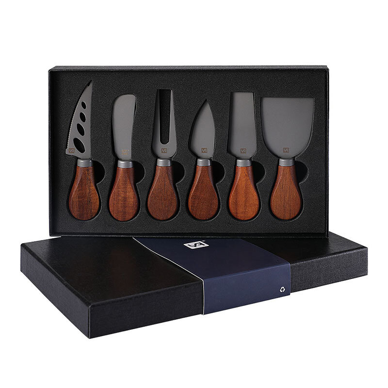 Набор ножей для сыра с ручкой из акации, черная подарочная коробка, набор из четырех предметов для сыра и пиццы, ножи из нержавеющей стали