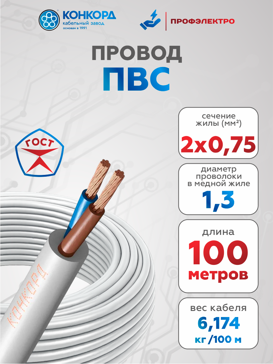 Электрический провод Конкорд ПВС 2 х 0,75 мм. 100 м.