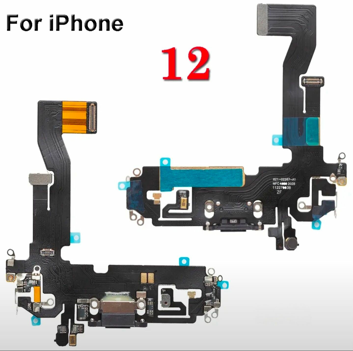 Шлейф для iPhone 12 (A2403/A2407) на системный разъем/микрофон Черный - Премиум