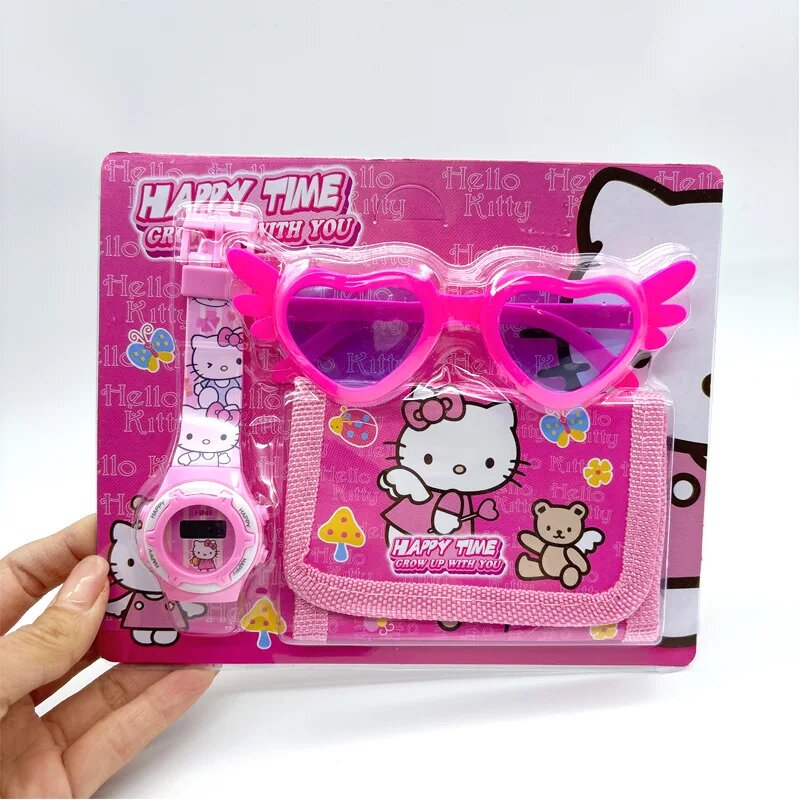 MINISO Стильный набор из 3 предметов: часы Hello Kitty с единорогом, кошельком и очками, а также детские часы с мультяшным Человеком-пауком,