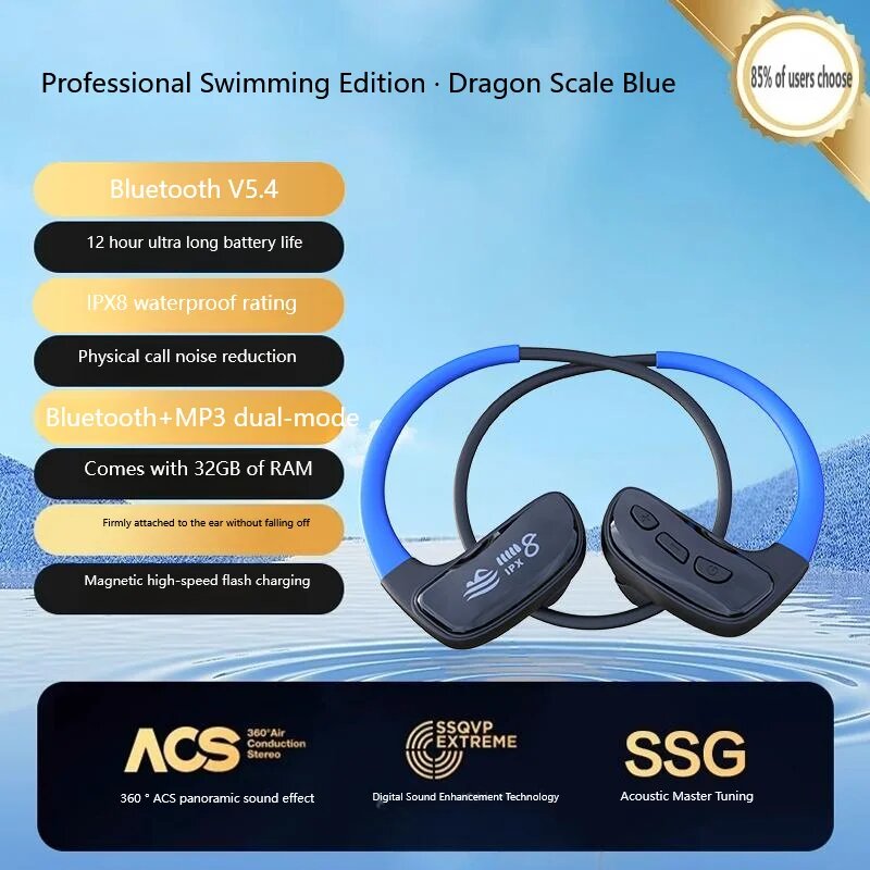 XMSJ Водонепроницаемые Bluetooth-наушники IPX8 32ГБ чёрные Синий, Blue