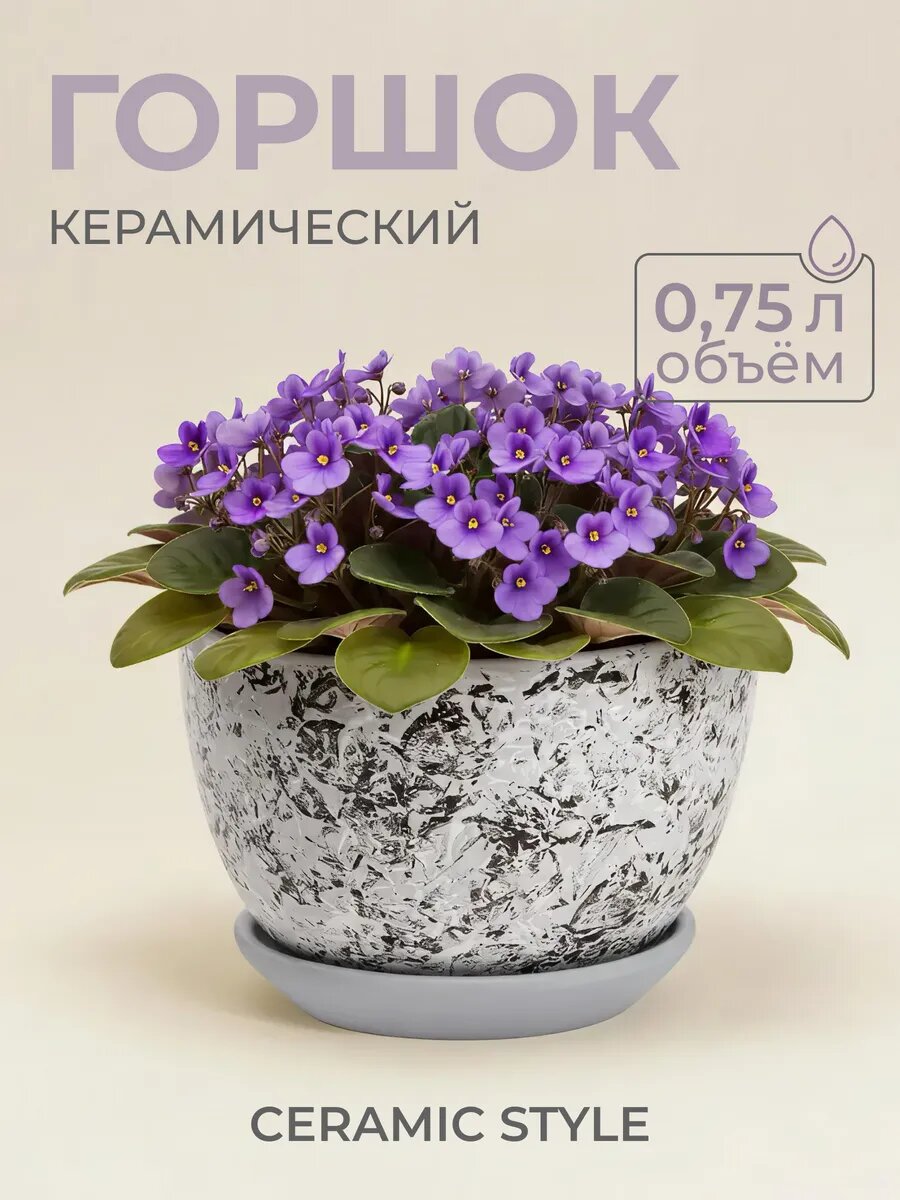 Горшок для цветов с дренажным отверстием и поддоном, 0,75л, керамика
