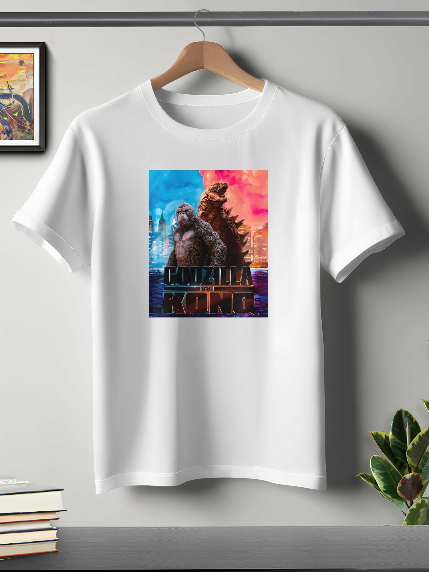 Футболка ONEQ унисекс 52-54 (XXL) размер с принтом Годзилла и Конг, белая