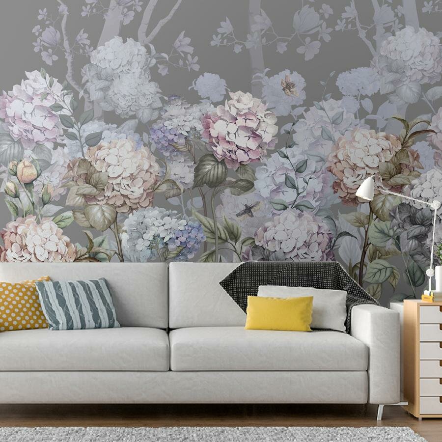 Фотообои Гортензии на темном фоне 13-108-S-Холст 270 x 200 см (ВхШ) Бесшовные, флизелиновые, влагостойкие обои MasterFresok