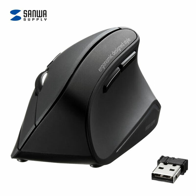 SANWA SUPPLY Wireless Silent Office Mouse, Ergonomic Vertical Grip, Gaming for PUBG, Blue LED, Multi-Mode DPI, 6 Buttons, Matte Black, with Receiver