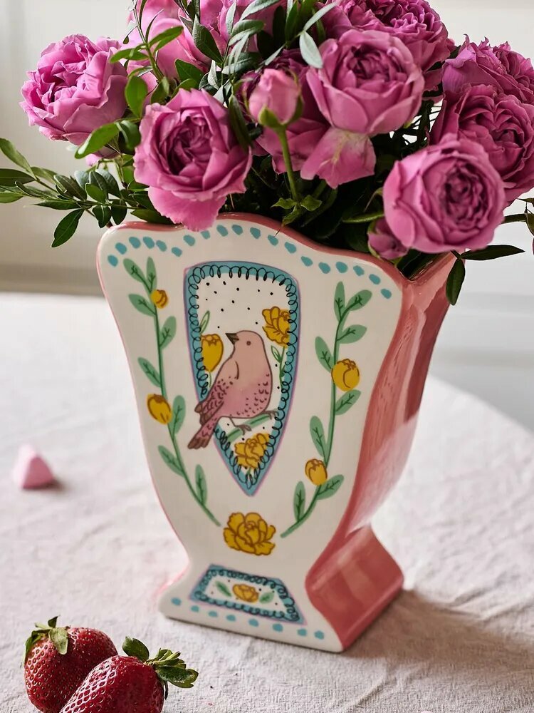 Ваза интерьерная для цветов и сухоцветов керамическая маленькая 21 см "Песня в саду"