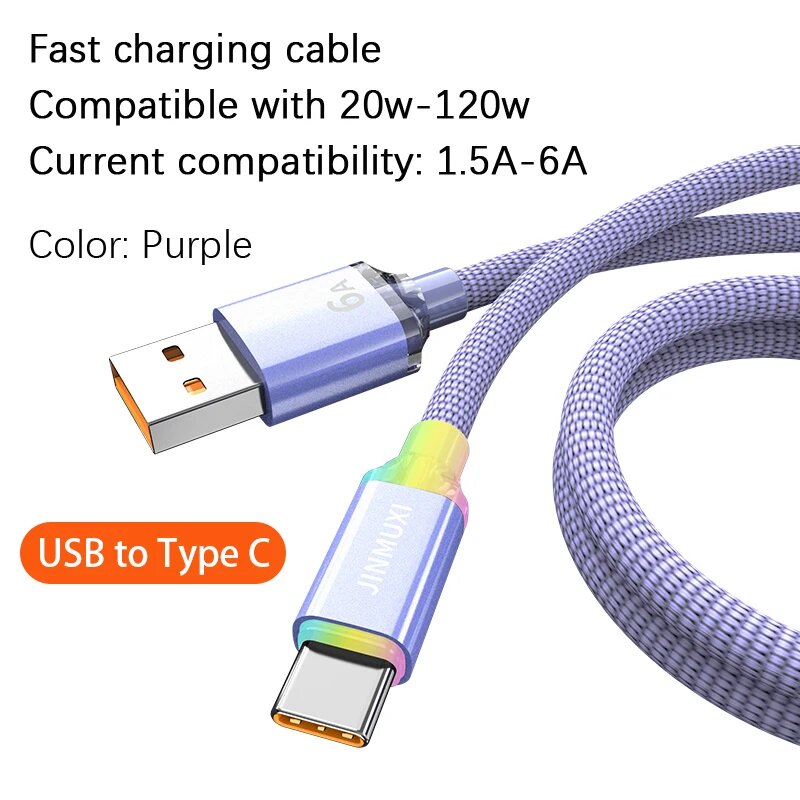 JINMUXI RGB 120 Вт Кабель USB A — USB Type C USBA Кабель для быстрой зарядки 2 м, Type C to Type C