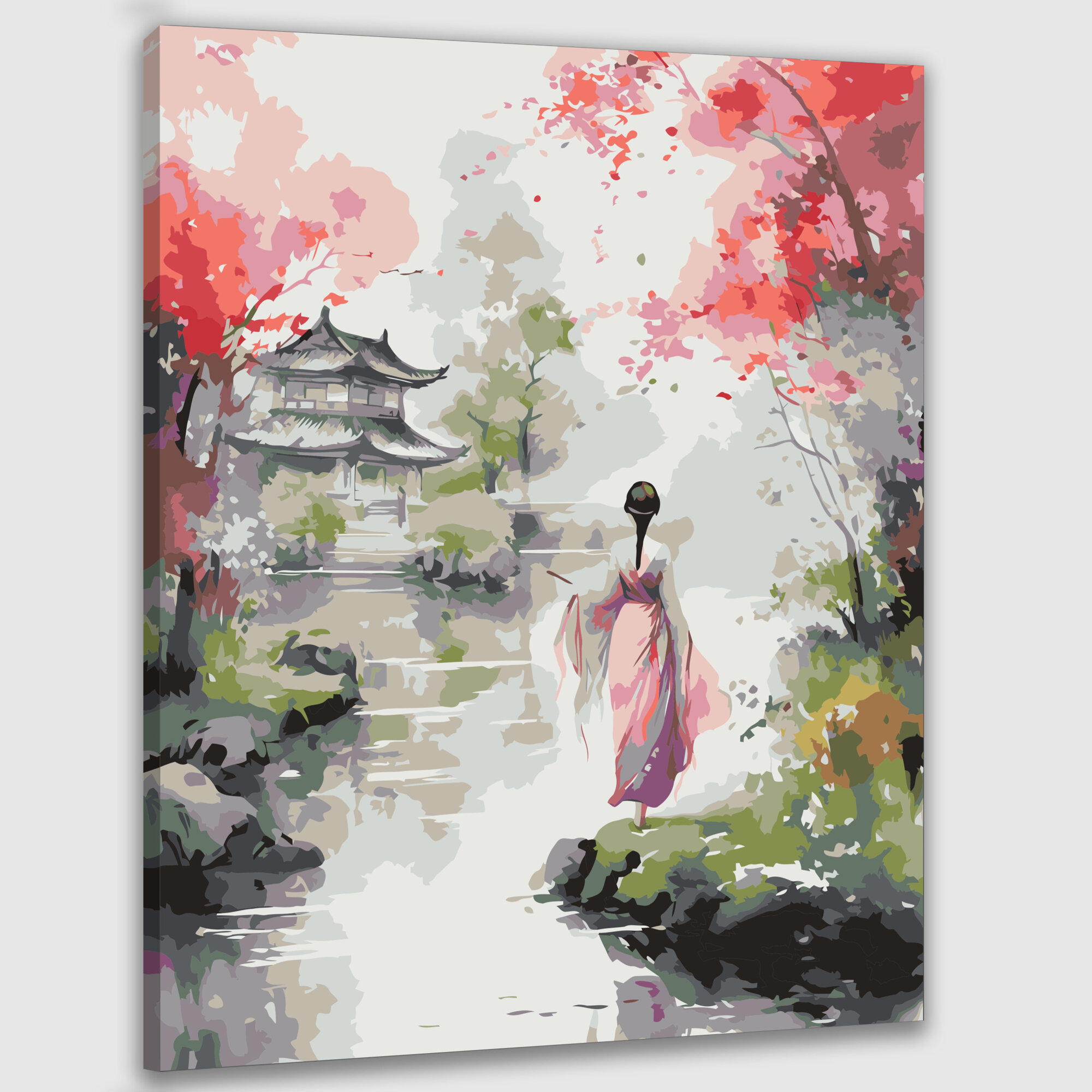 Картина по номерам 40x50 см, Традиционная японская акв, гейша, сад, кимоно, цветочные узоры, складки ткани, зелень