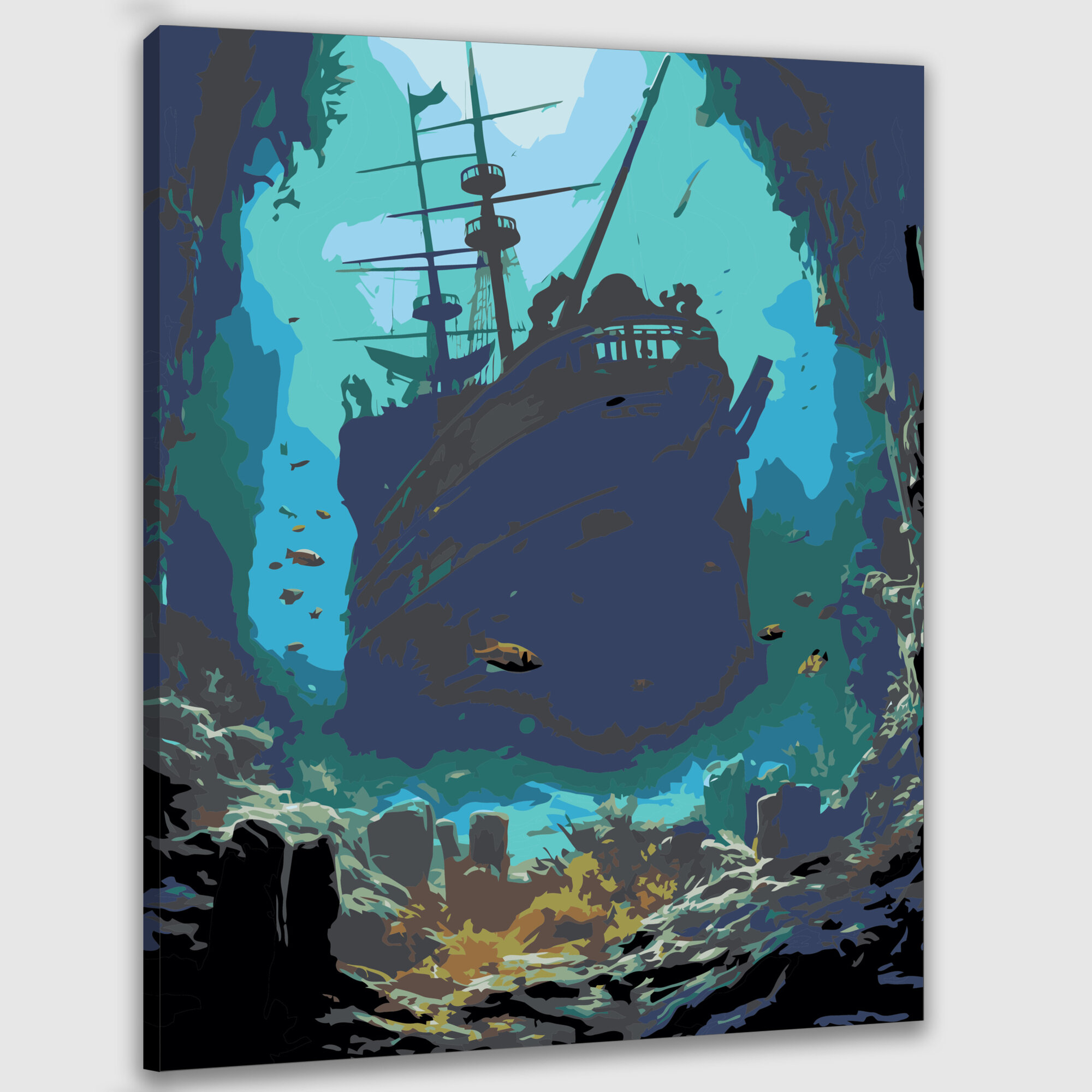 Картина по номерам 40x50 см, затонувшее судно, океан, коралловые рифы, морская флора, морская фауна