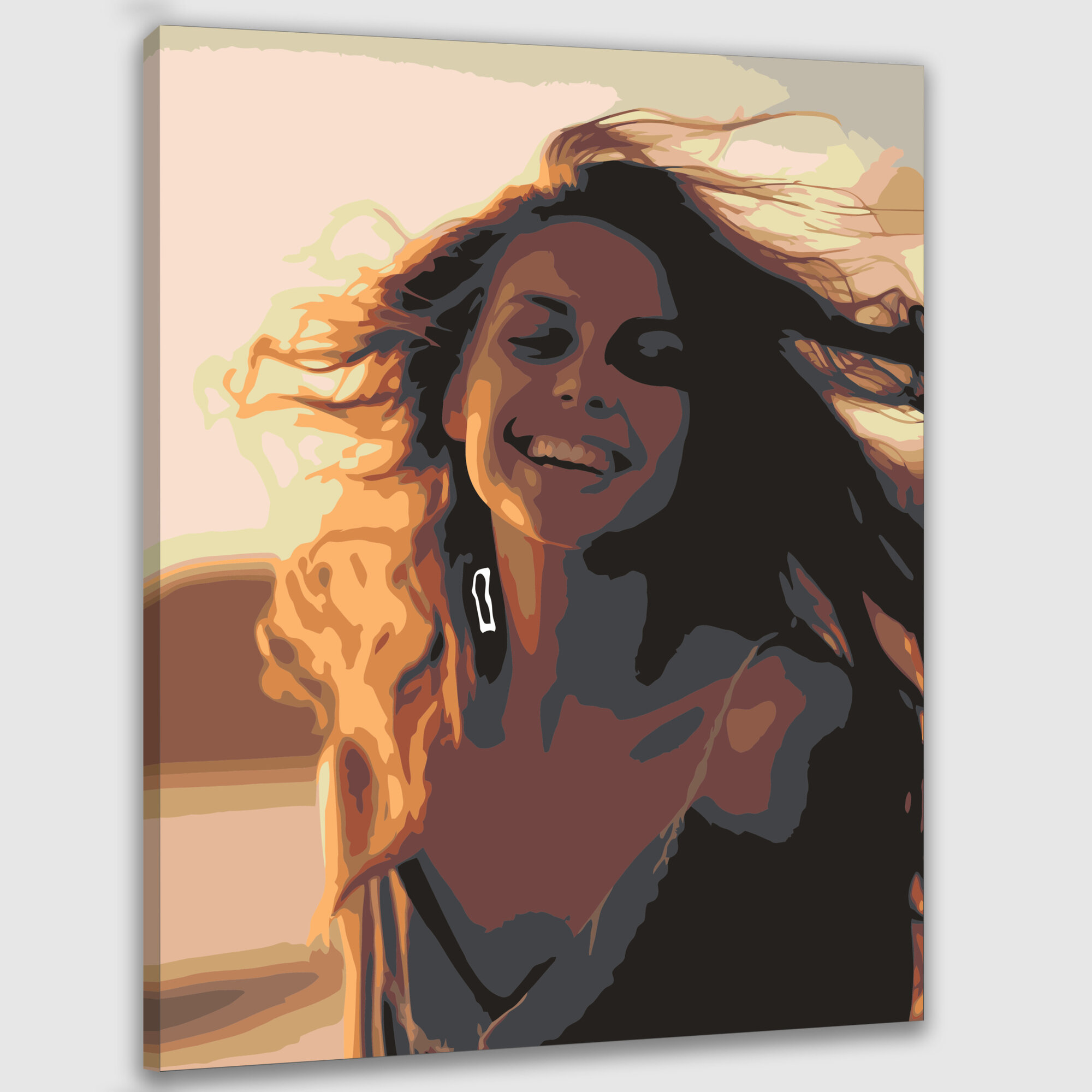 Картина по номерам 40x50 см, девушка, улыбка, смех, свет, лицо, сияние, пляж, волны, радость, море