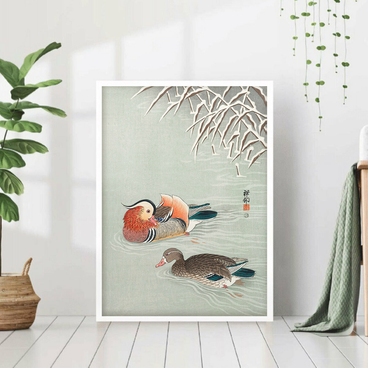 Постер "Утки мандаринки гравюра" в белой рамке 40x50 см для интерьера на стену