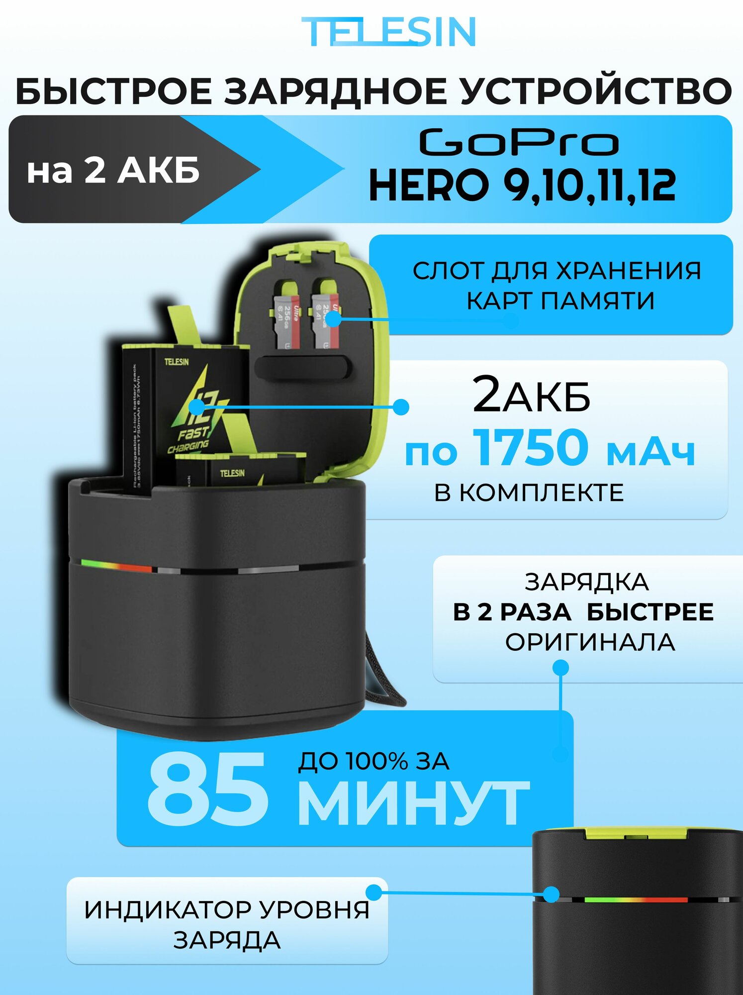 Зарядное устройство для экшн камеры GoPro 12 11 10 и 9 и АКБ 2шт с функцией быстрой зарядки Telesin