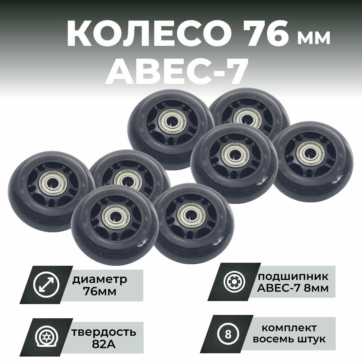 Колесо для роликов 76х24 PU твердость 82, прозрачное, подшипник ABEC-7 M8 (8 штук)