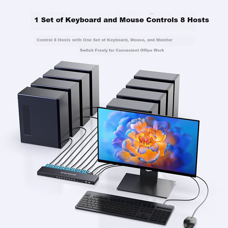 Shengwei KVM Switch 8 Port VGA Eight in One Out Multi-Computer Switch Display USB Keyboard Mouse Sharing with KVM Cable DVK0008G