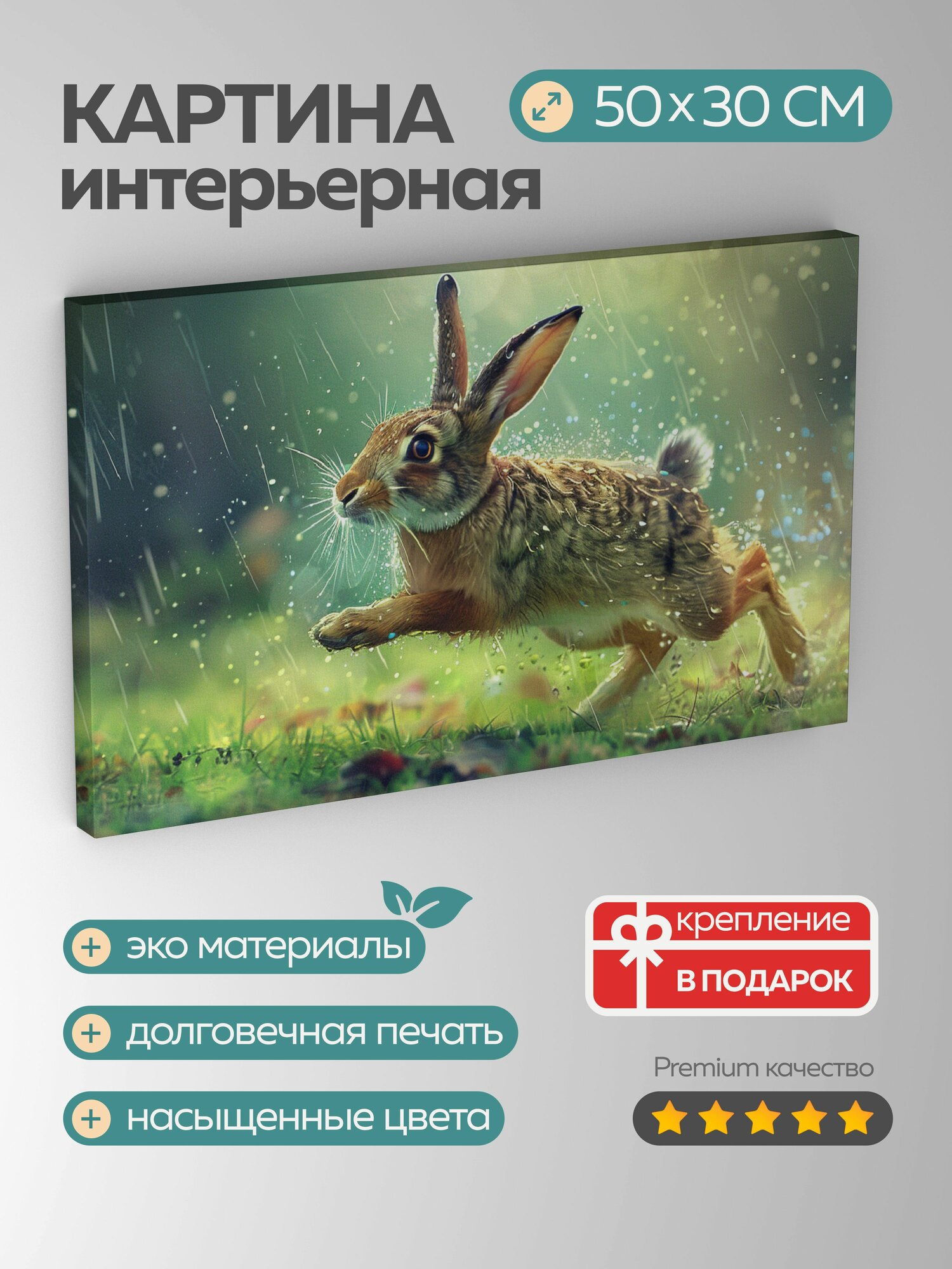Картина на холсте интерьерная 50х30 см, заяц, прыжок, дождь, блестящий мех, глаза, таинственный