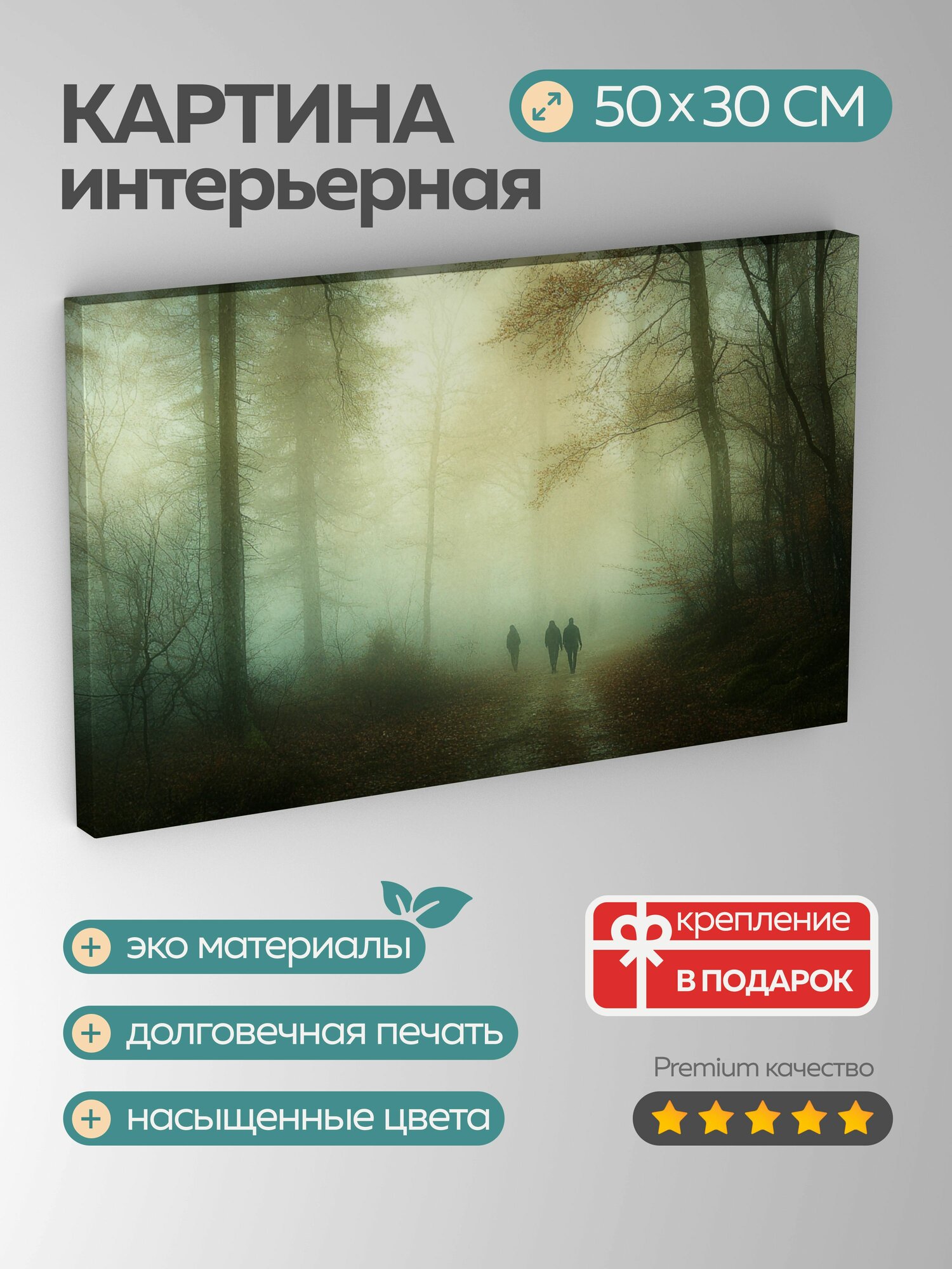 Картина на холсте интерьерная 50х30 см, Лес, туман, люди, фотография, освещение, волшебство, сказочный, мягкий