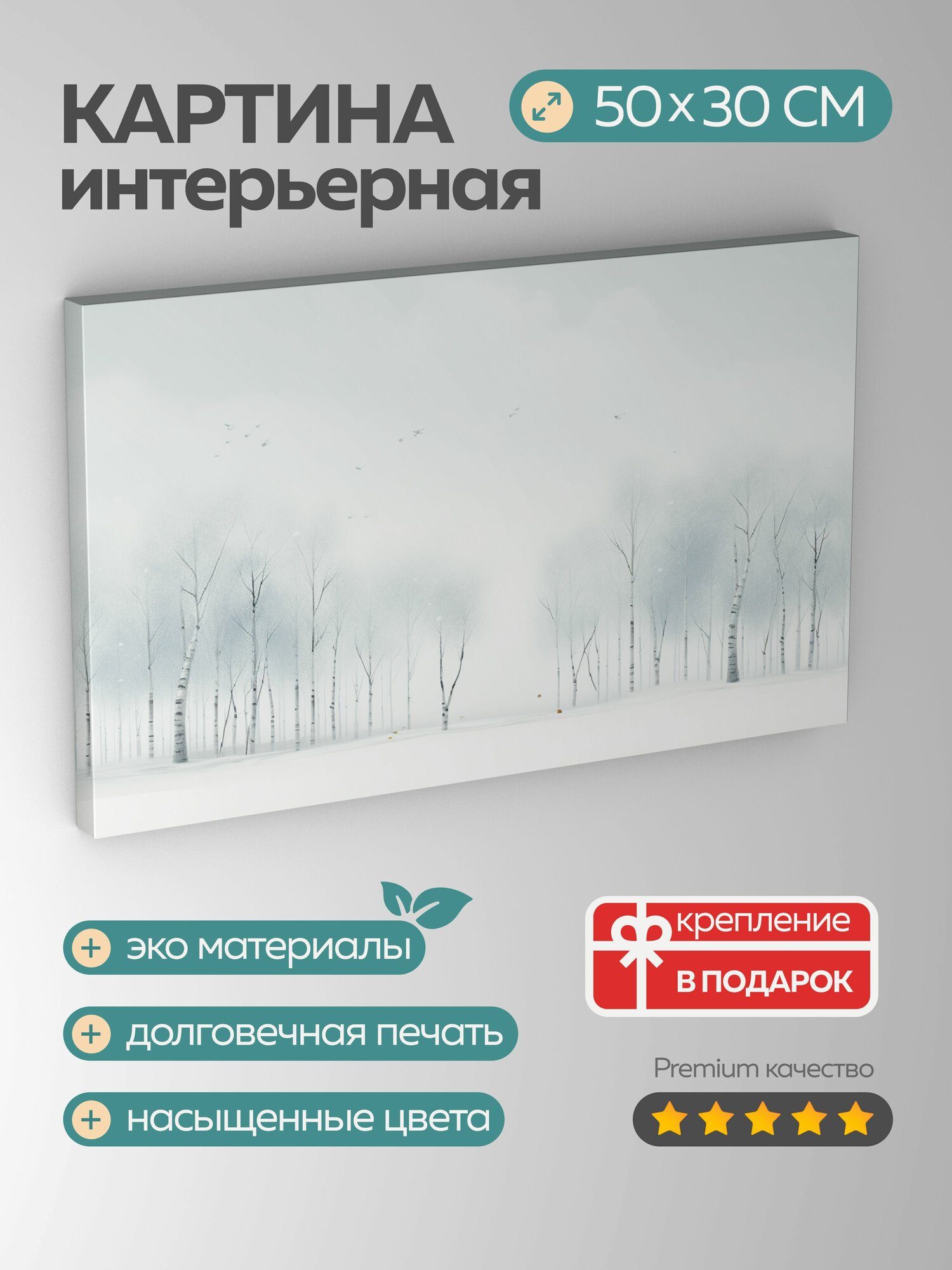 Картина на холсте интерьерная 50х30 см, снежный пейзаж, березы, высокие деревья, белый простор, мягкий снег, чистота