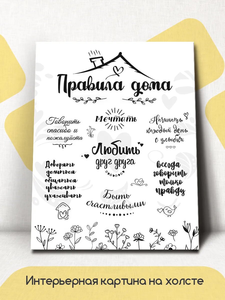 Картина на стену интерьерная Правила дома чб 30x40 см