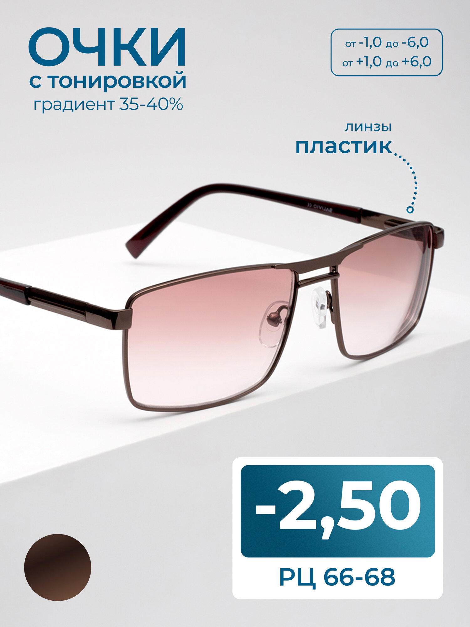 Очки РЦ 66-68 корректирующие с тонировкой мужские (-2.50) SALIVIO 5009 С2, цвет коричневый, без футляра, РЦ 66-68