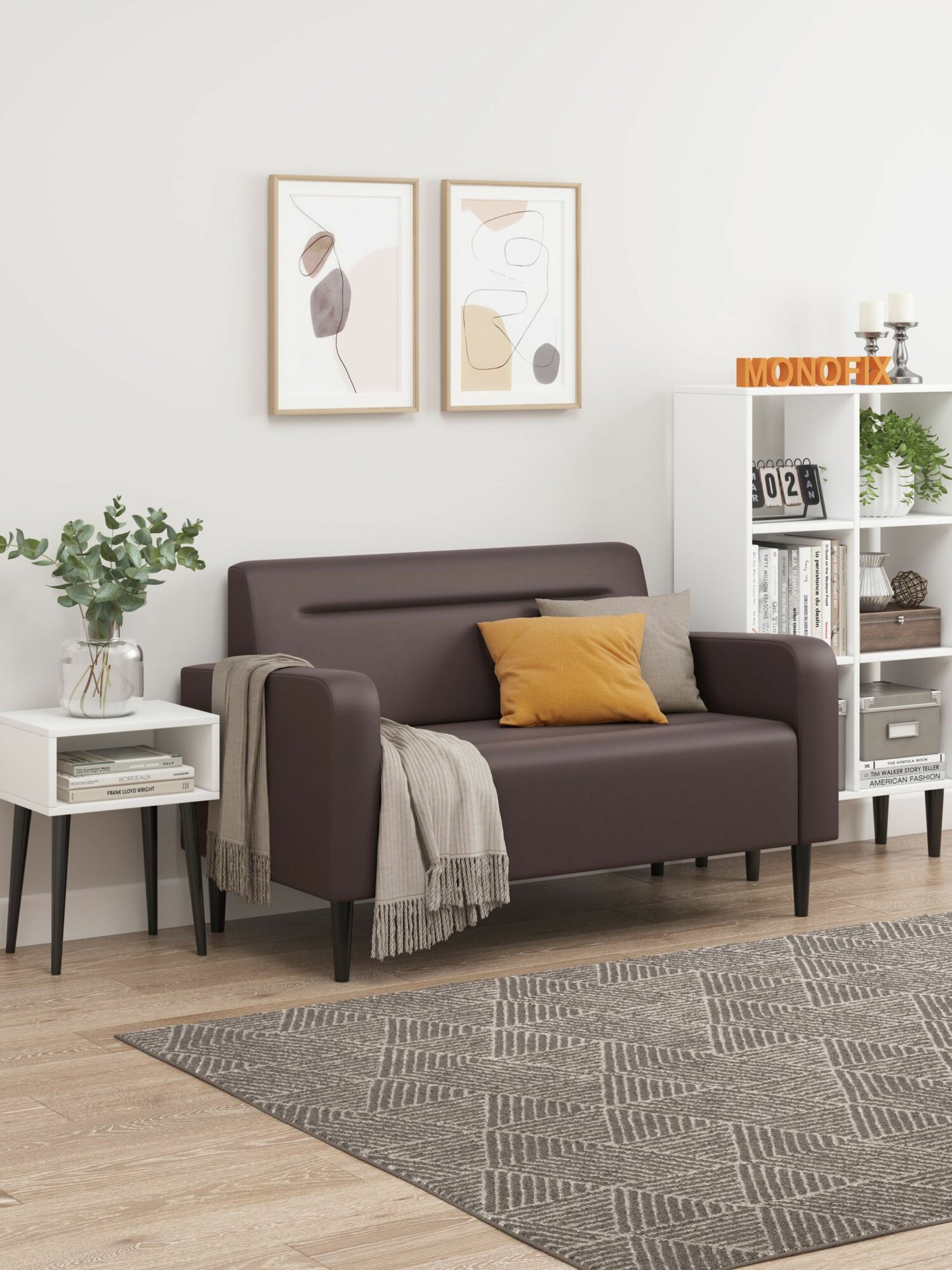 Диван прямой нераскладной MONOFIX фоксет 132 см экокожа коричневый