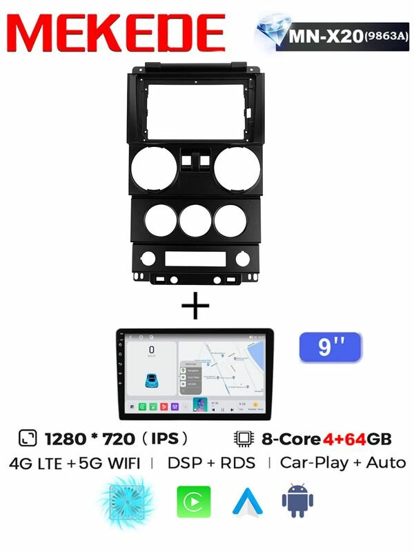 Магнитола 9" Mekede MN X20 Pro 4/64 Gb Jeep Wrangler 3 JK 2008-2010 F1 carplay