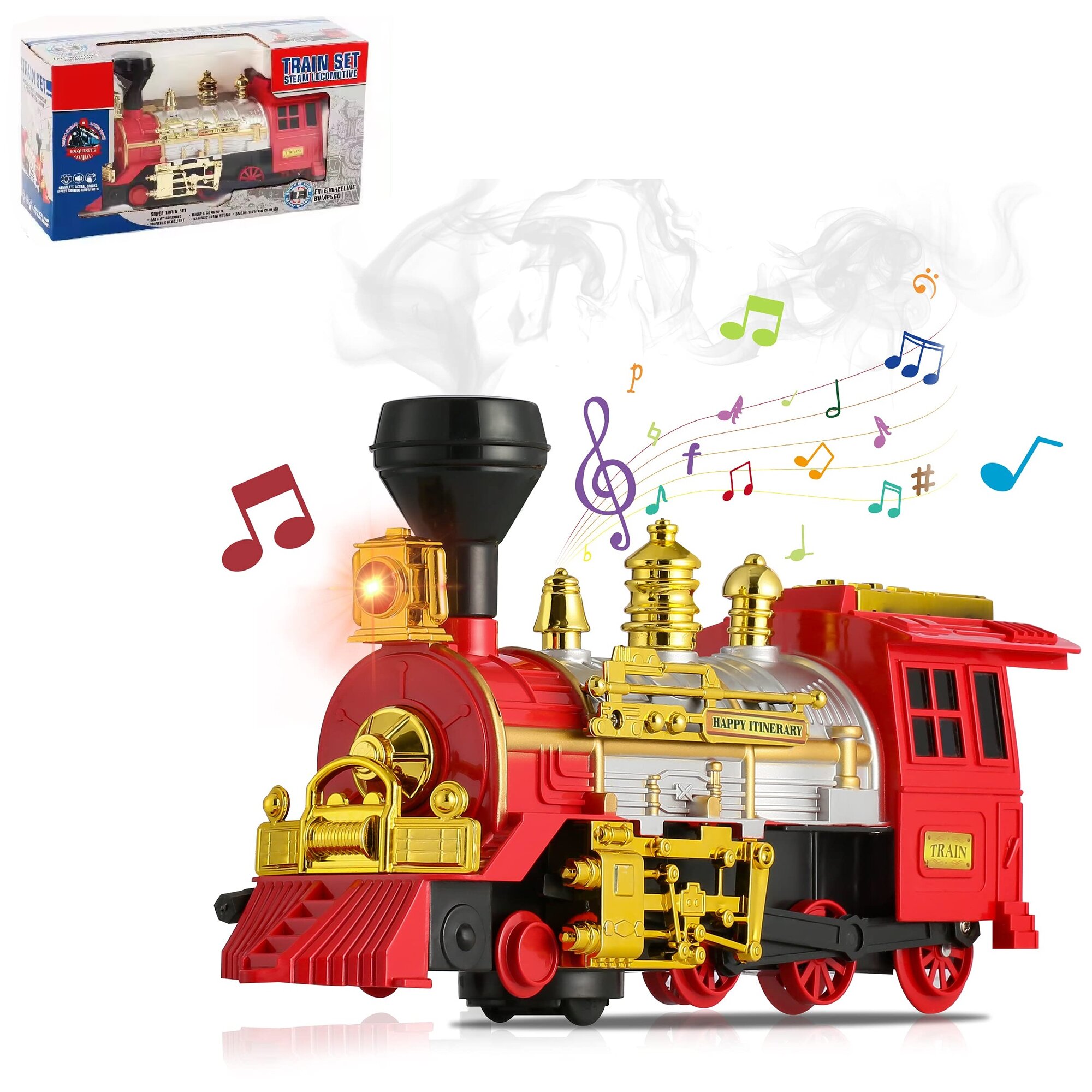 Игрушка поезд на батарейках длина 29 см, со светом, звуком, дымом (водяной пар), едет без рельс