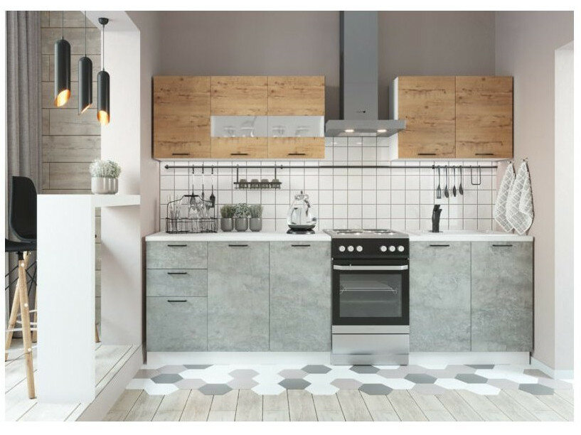 Современный кухонный гарнитур 2,0м, из ЛДСП, бунратти/цемент/белый