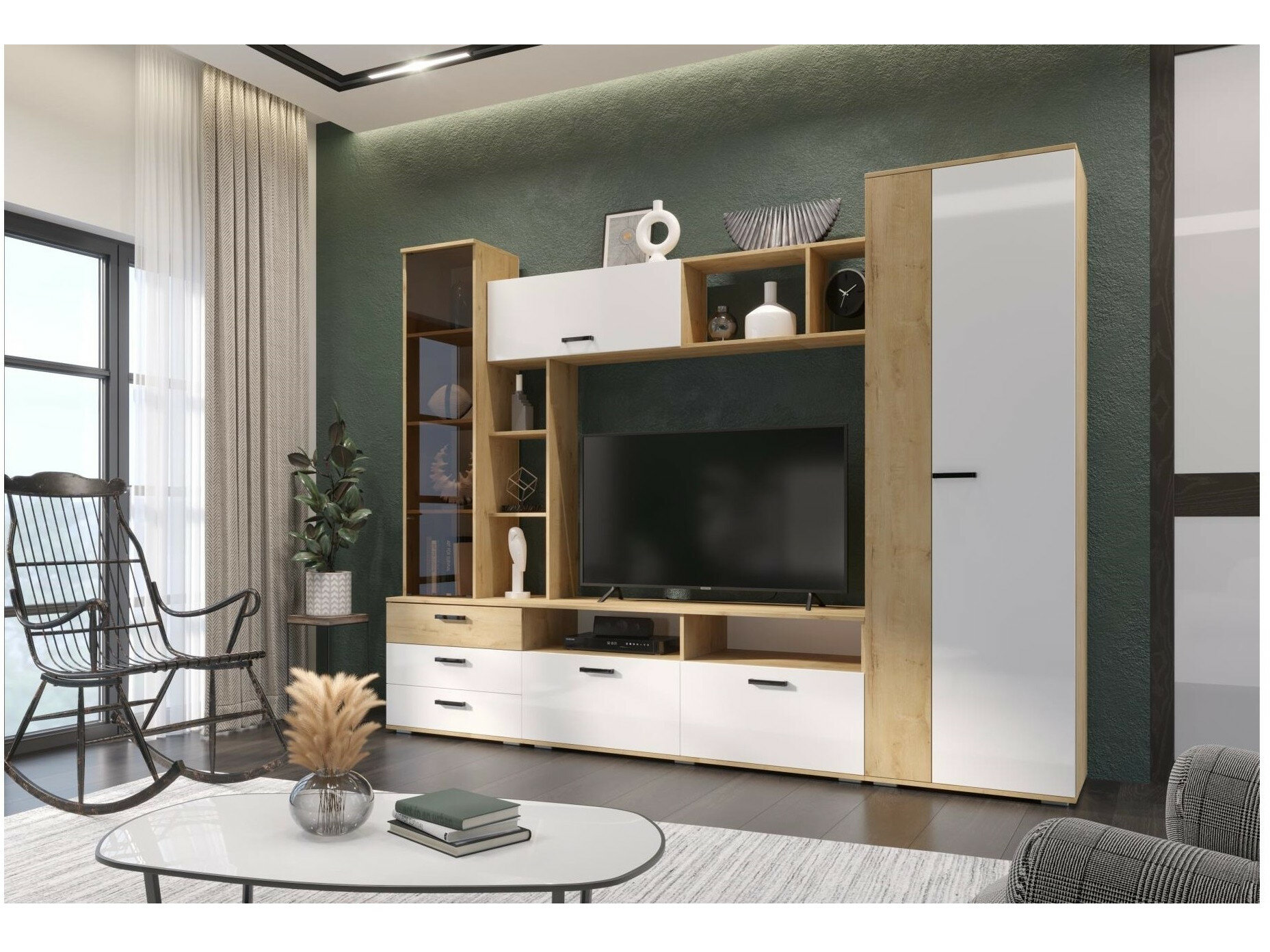 Гостиная с глянцевыми ЛДСП фасадами, (Дуб Вотан, Белый глянец)