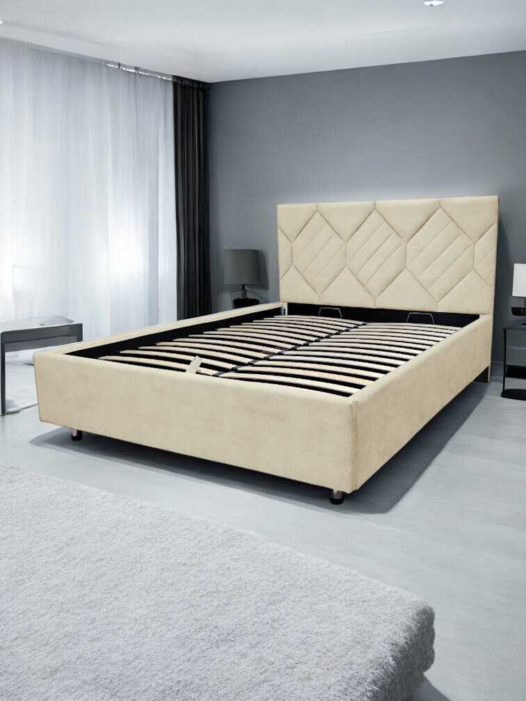 Кровать двуспальная 140х200 см, мягкая с подъемным механизмом и бельевым ящиком