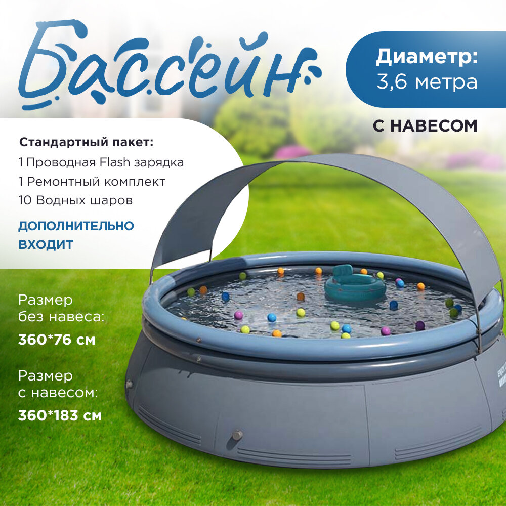 Надувной круглый бассейн взрослых , большой домашний детский бассейн, 3,6-метровый с тентом