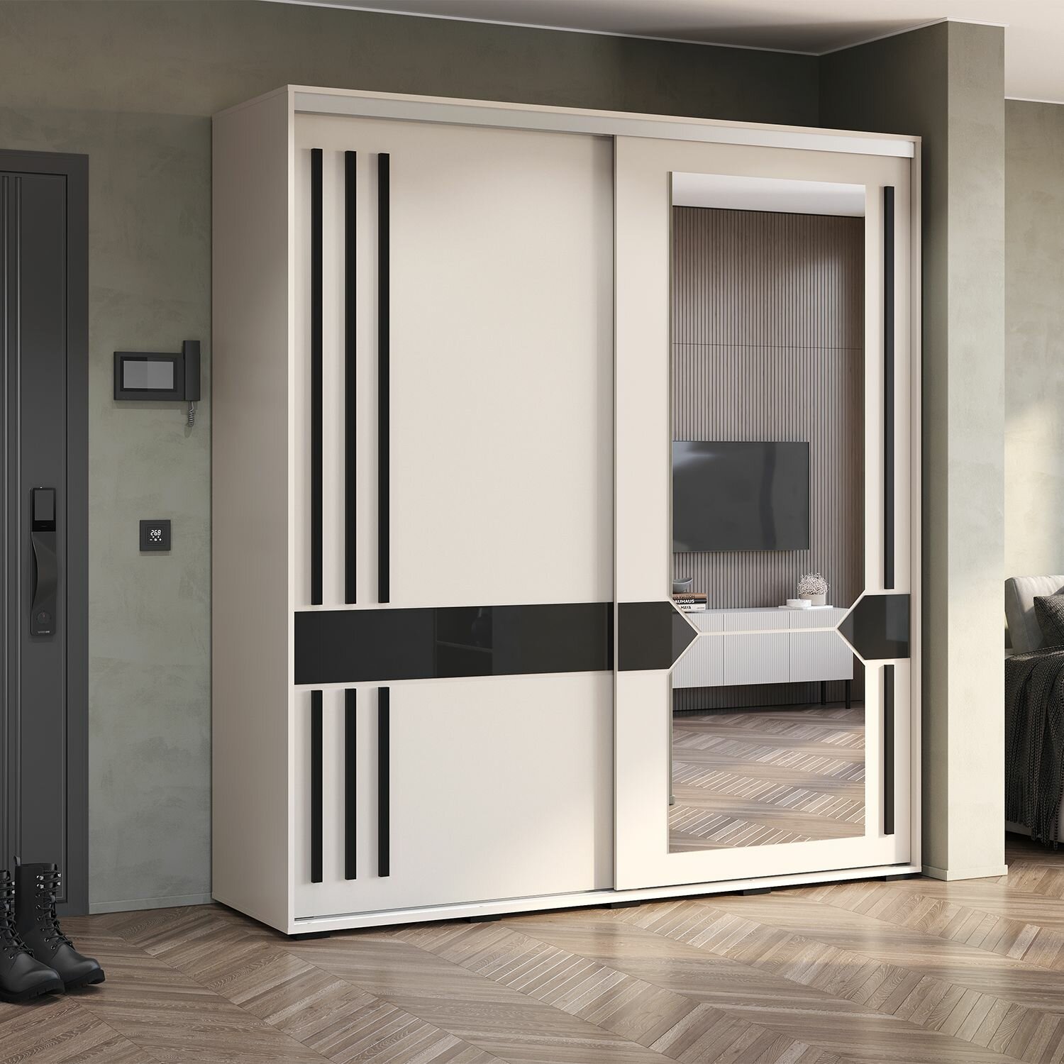 Шкаф-купе Мебелони "Крафт-9", с зеркалом, ЛДСП, бежевый, 196x217x59 см