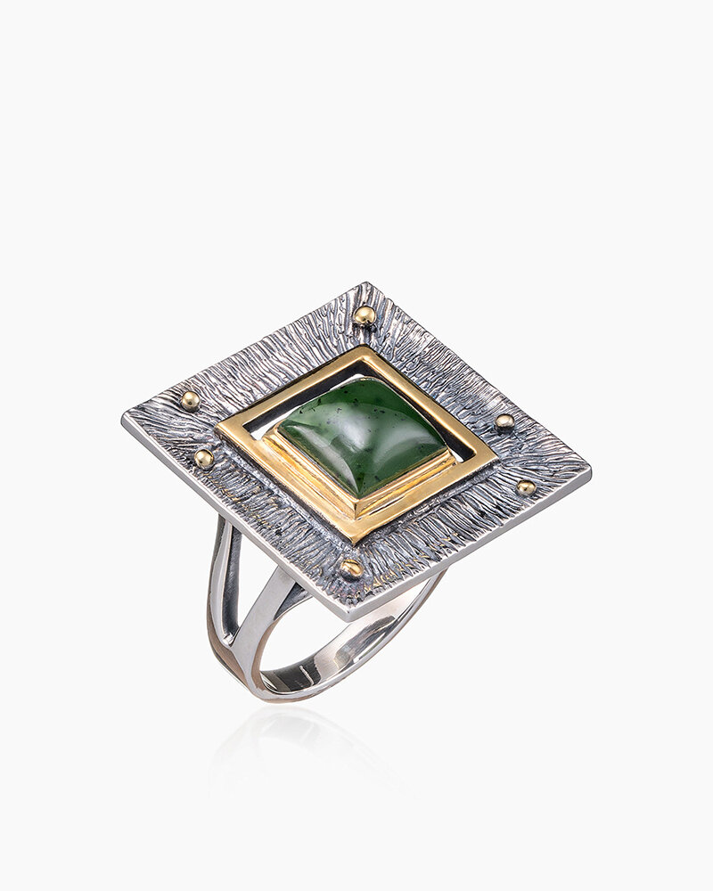 Кольцо, серебро, 925 проба, золочение, чернение, нефрит