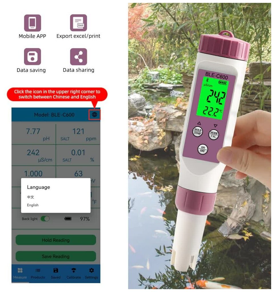 Тестер качества воды Veker PH180BL (PH, PPM, TDS, ОВП, жесткость, температура, соленость)