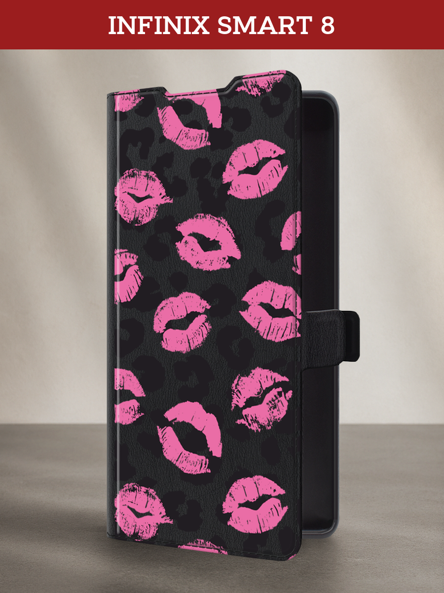 Чехол-книжка на Infinix Smart 8/8 HD/HOT 40i / Инфиникс Смарт 8/8 HD/Хот 40i с принтом Lips and leopard pattern, черный