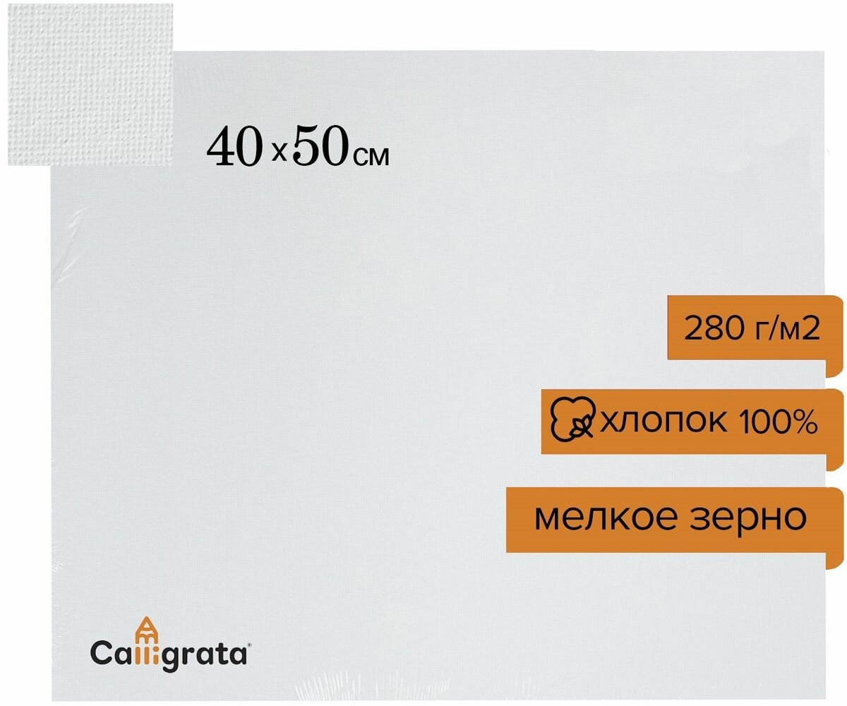 Холст грунтованный на картоне Calligrata для рисования, акриловый грунт, фактура мелкое зерно, хлопок 100%, размер 40х50 см, толщина 3 мм, 280 г/м2