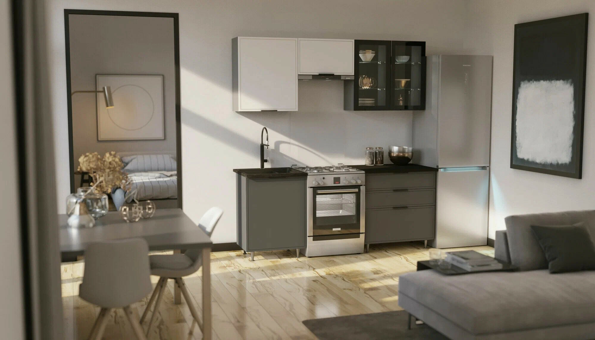 Кухня Николь 2,0м Копановка №2 Холст белый/ холст вулканический, Гранит / Кастилло темный