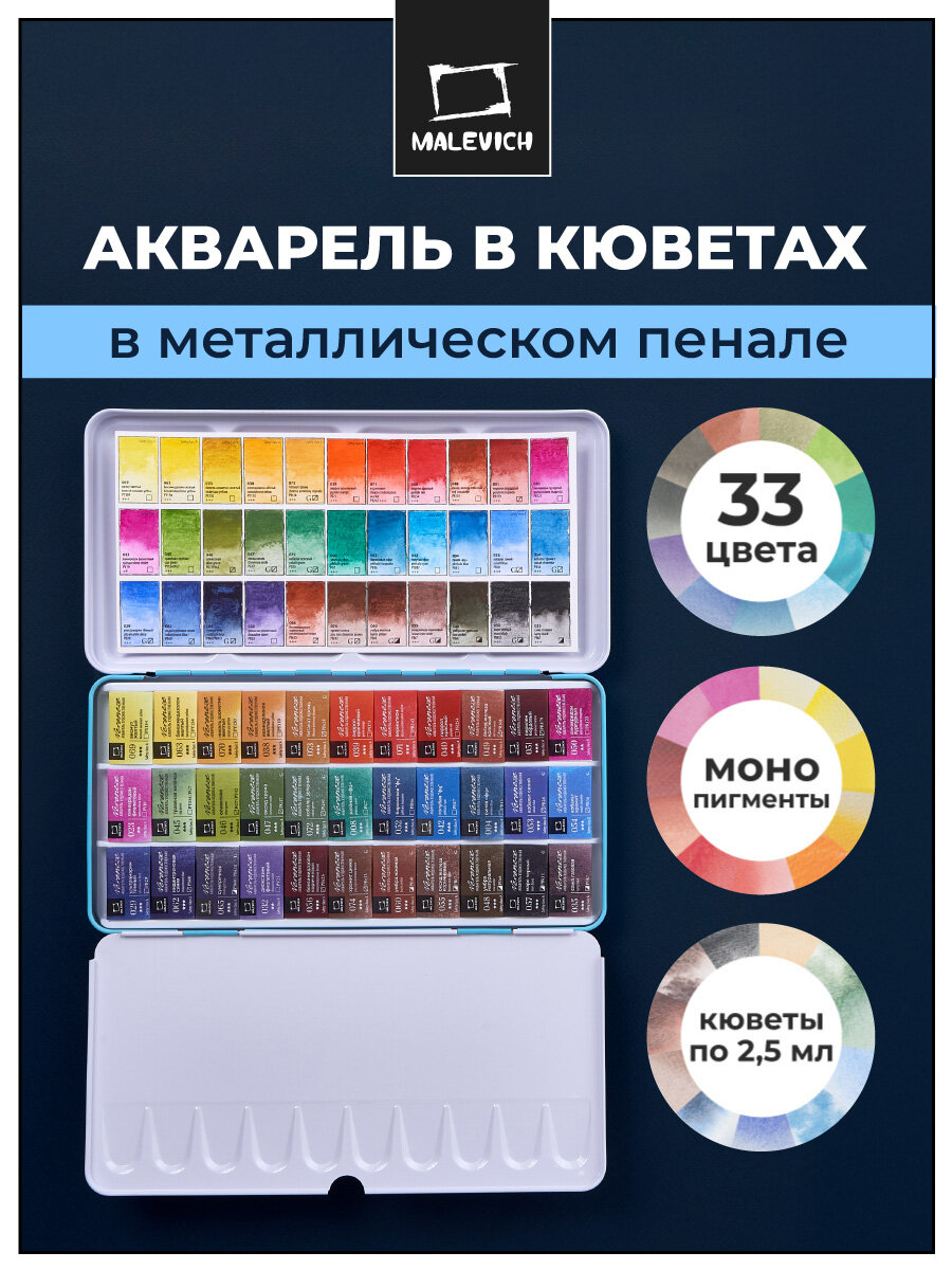 Набор акварели Малевичъ Veroneze, кюветы 2,5 мл, 33 цвета, металлический пенал
