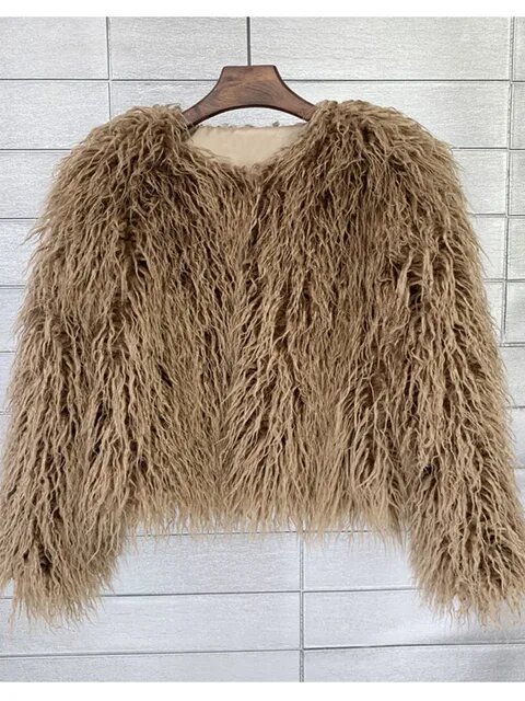 Монгольский мех, меховая шуба из искусственного меха, женская шуба, осенне-зимняя, розовая, белая, мохнатая куртка из искусственного меха, топы, праздничная одежда