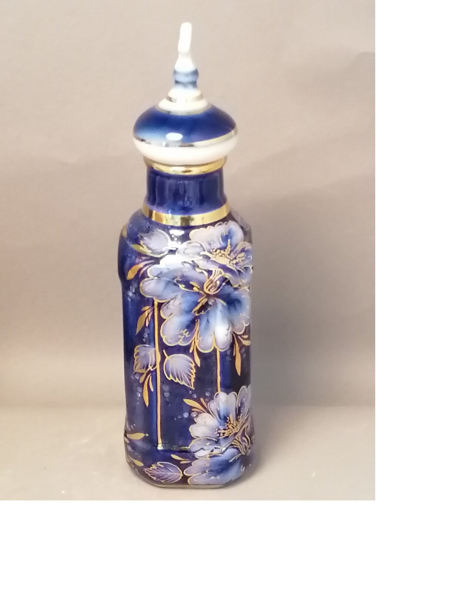 Сосуд "Святая вода" большой граненый (бел, роспись кобальт. заливка, Святая вода + крест, роспись Аленький цветочек)