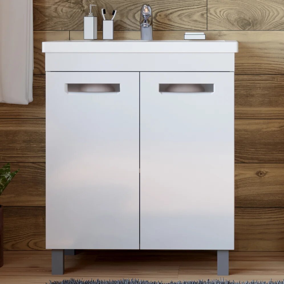 Тумба с раковиной Vigo Plaza 70 напольная, 71 см, белая, глянцевая, из МДФ, с дверками, раковина для ванной фарфоровая, прямоугольная, встроенный слив-перелив