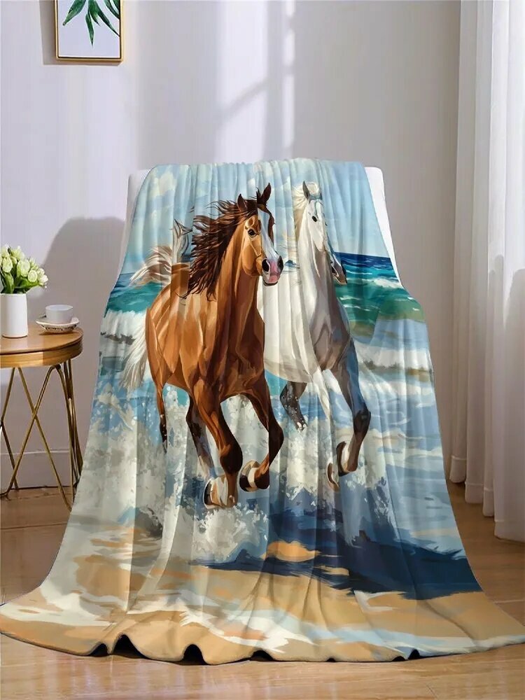 Плед с фотопринтом Игра на белых и коричневых лошадях , Фланель, 220 см х 200 см