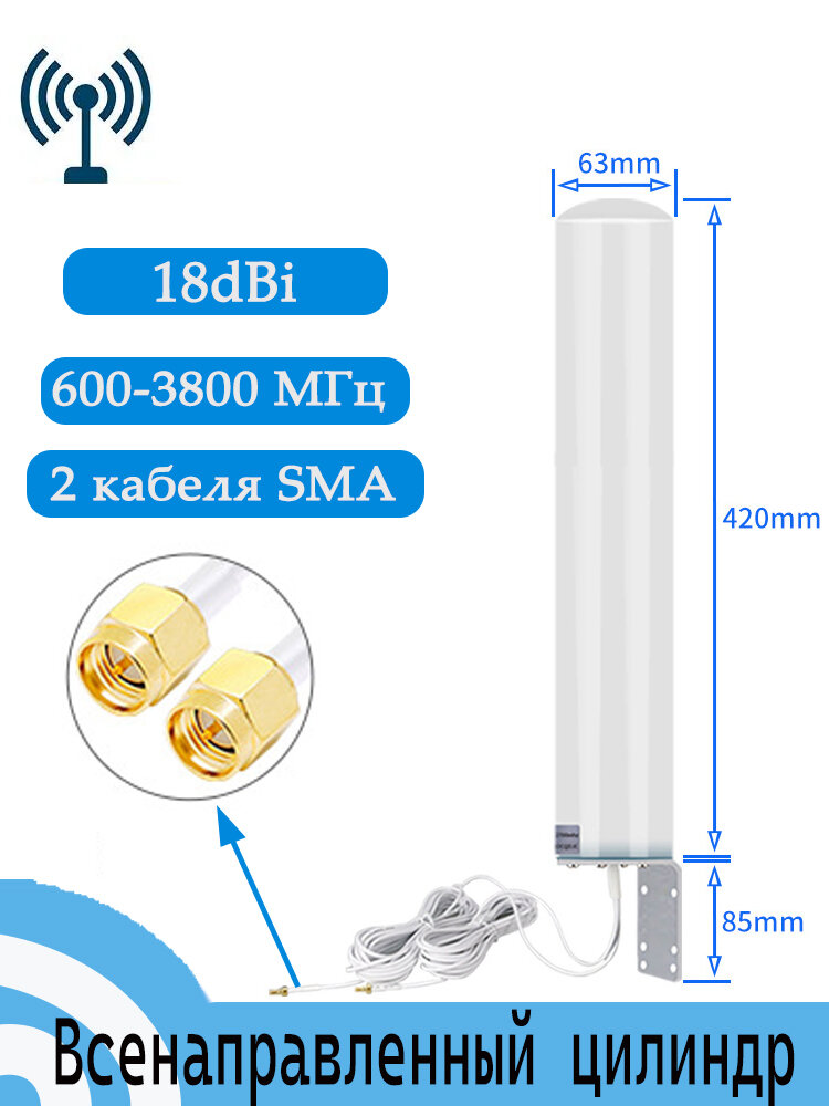 Внешняя антенна 4G/5G 18dBi, всенаправленная, IP67, 5м кабель, для усиления сигнала интернета
