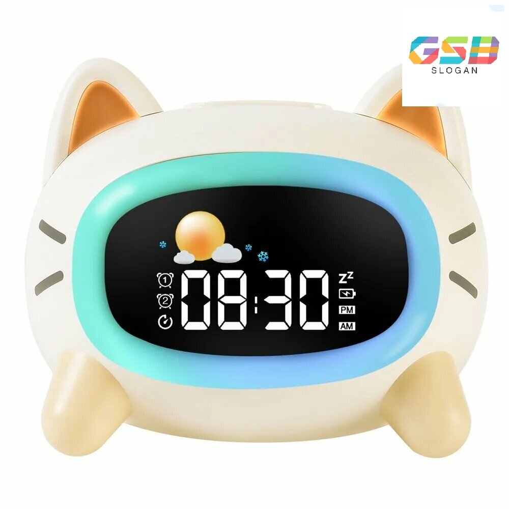 Будильник настольный, электронный, детский. Часы ночник в форме кота. Музыка для сна - белый шум. Кошка.