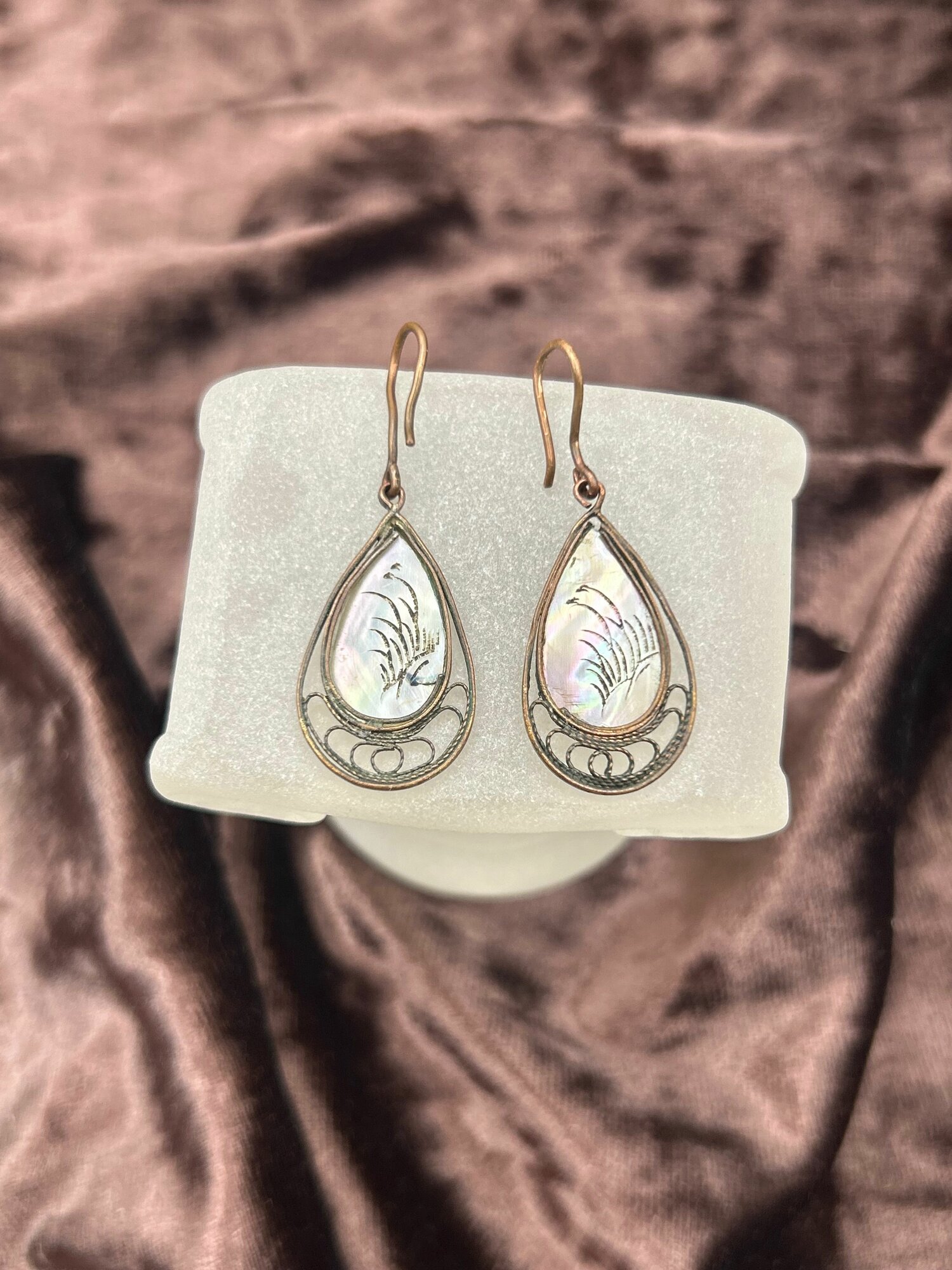 Винтажные мельхиоровые серьги, натуральный перламутр