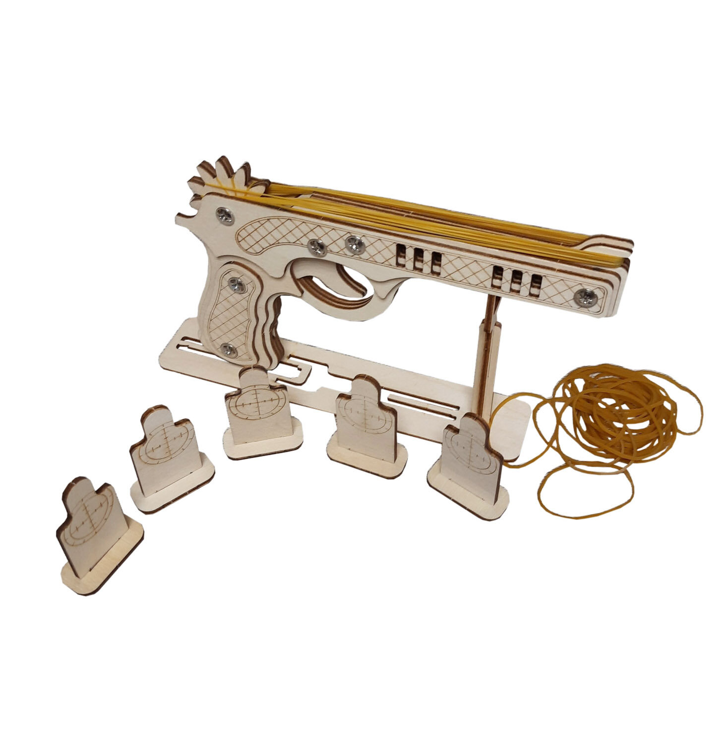 Резинкострел пистолет конструктор деревянный 3Д сборная модель Мастерская Добра 12 зарядов 5 мишеней